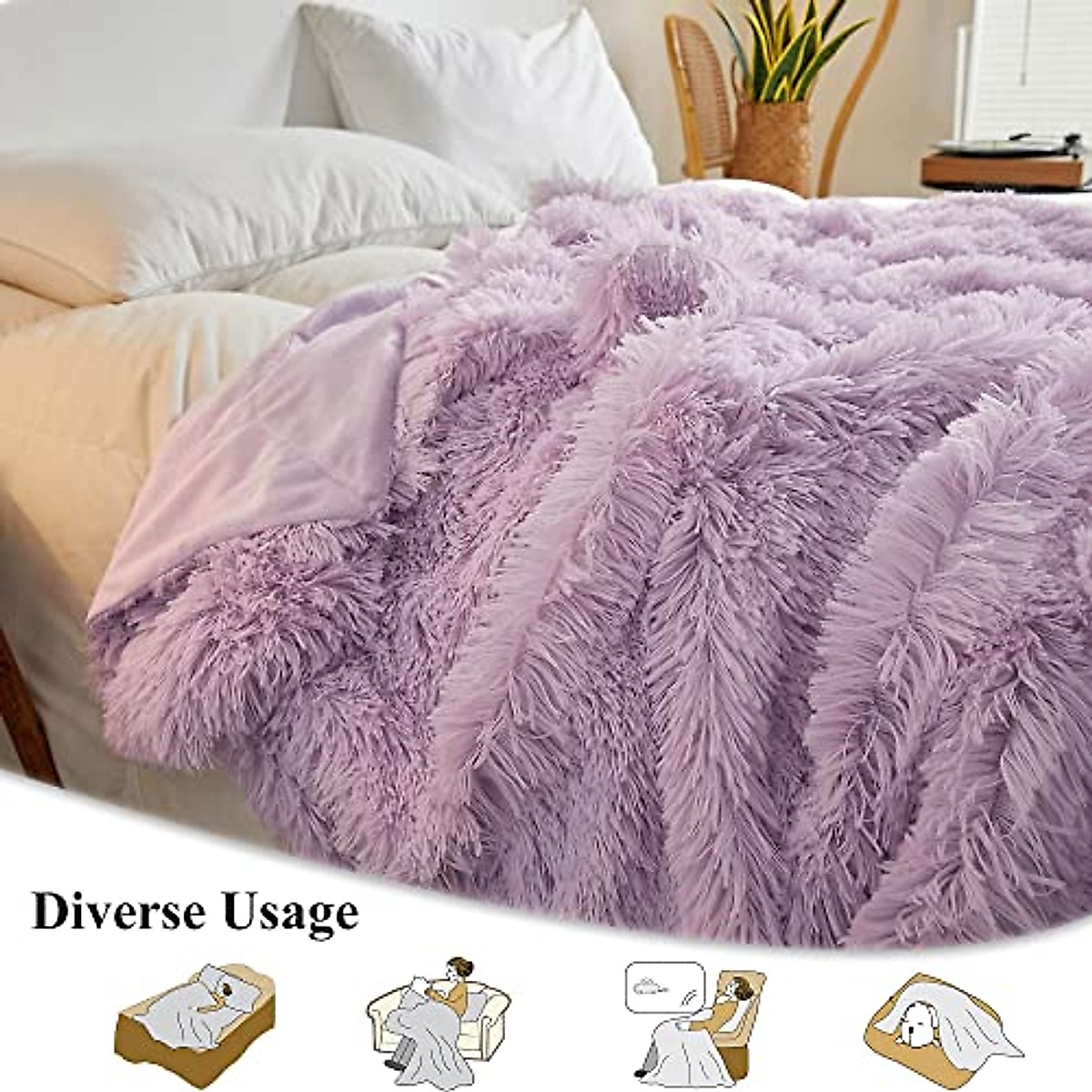 XeGe Luxury Faux Fur Throw Blanket, Light Purple Soft 50x60 Fluffy Blanket Throw, Shaggy Plush Decorative Couch Blanket, Cute Furry Throw Fuzzy Office Lap Blanket for Bedroom Living Room Lavender