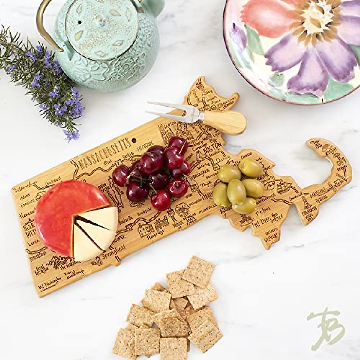 Totally Bamboo Destination Massachusetts State Shaped Serving and Cutting Board, Includes Hang Tie for Wall Display