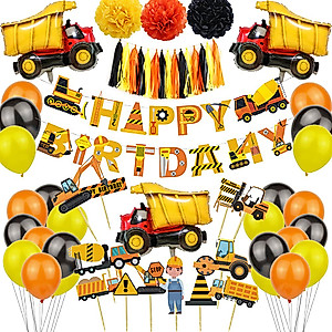 Construction Birthday Party Supplies, 58 Pack Dump Truck Birthday Decorations with Foil Latex Balloons, Paper Tassels, Flower Balls, Cupcake Toppers, Vehicle Banner for Kids Boys Grils Birthday
