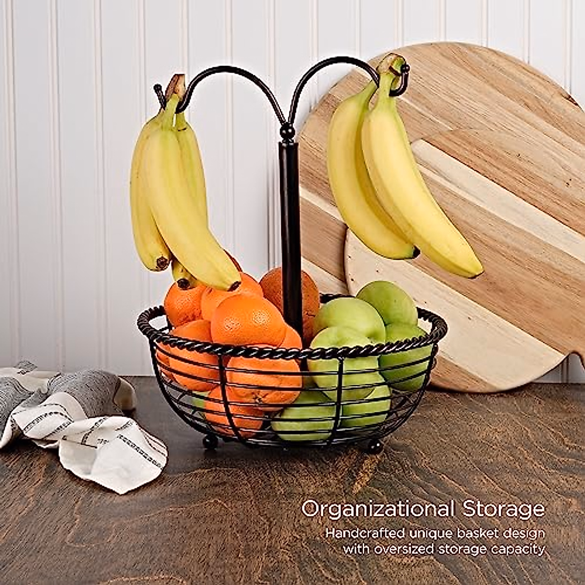 Gourmet Basics by Mikasa Rope Metal Fruit Basket with Double Banana Hook, Black