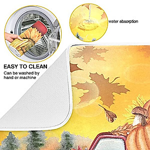 Autumn Truck Dish Drying Mat 18x24 inch Fall Leaves Pumpkin Sunflower Drying Pad Dish Drainer Mat Protector for Kitchen Countertops Counter