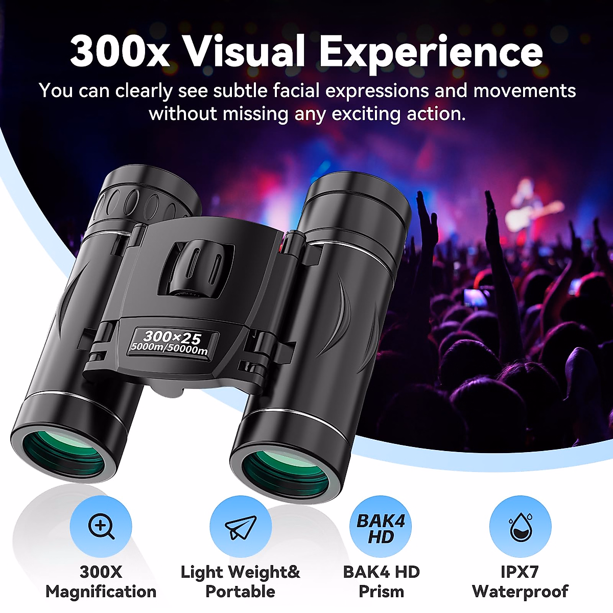 300x25 Binoculars for Adults and Kids, High Powered Mini Pocket Binoculars with Phone Adapter, Waterproof Compact Binoculars for Bird Watching, Hunting, Concert, Theater, Opera, Traveling, Sightseeing