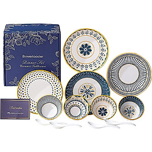 Binvertaocier Ceramic Plates and Bowls Sets for 4 with Spoons, 12-Pcs Ceramic Dinnerware Set, Bowls and Plates Sets for 4, Colorful Bowls for Pasta Salad Dinner Dessert,Gifts for Housewarming
