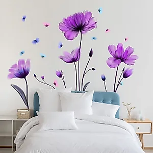 Flowers Wall Sticker Purple Floral Wall Decal Removable Butterfly Wall Stickers Self Adhesive Wall Mural for Nursery Bedroom Kids Room