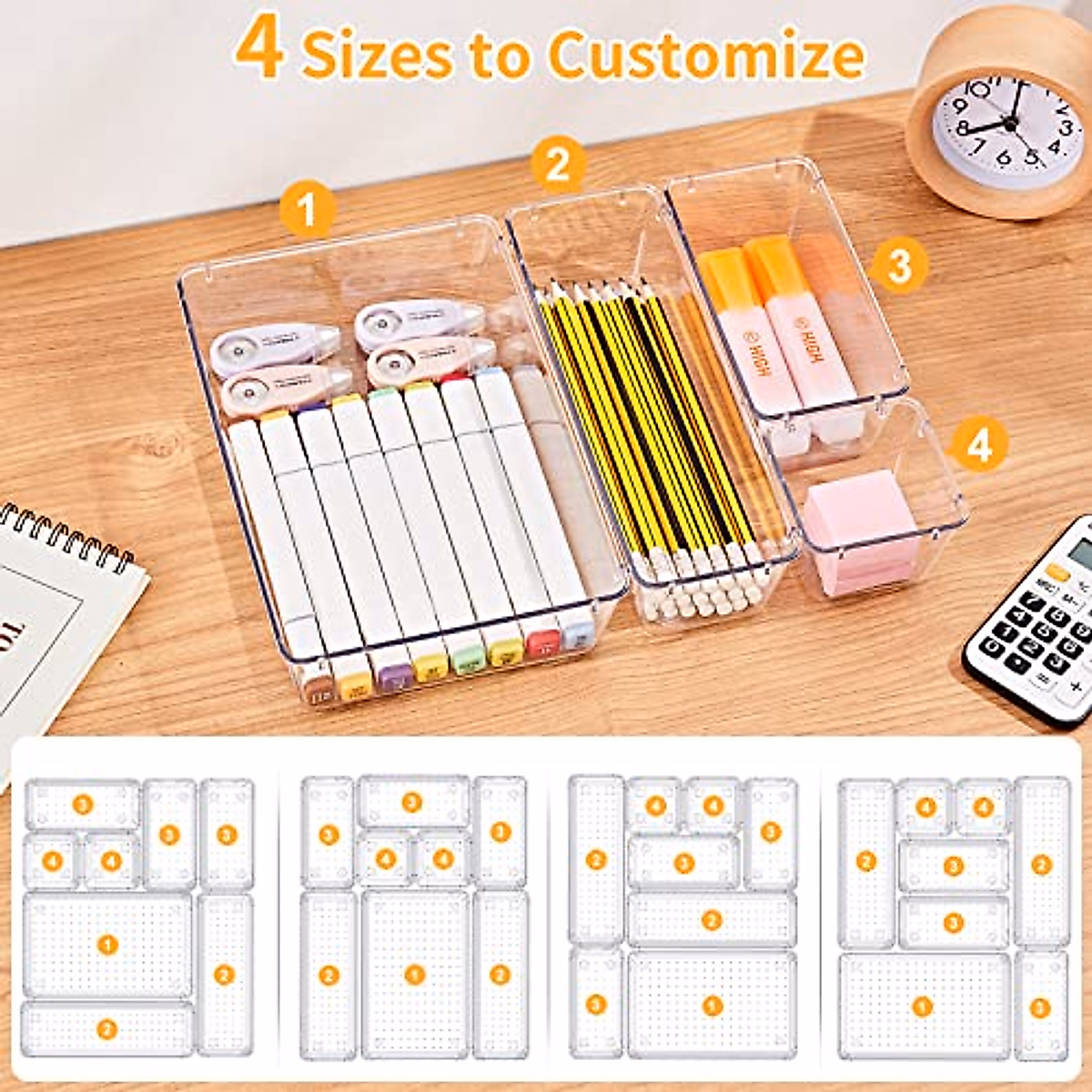 SMARTAKE 28-Piece Drawer Organizers with Non-Slip Silicone Pads, 4-Size Desk Drawer Organizer Trays Storage Tray for Makeup, Jewelries, Utensils in Bedroom Dresser, Office and Kitchen, Clear