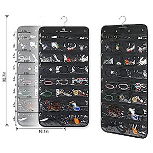 Freegrace Hanging Jewelry Organizer Revolving Hanger - Secure Zipper Closure - 50 Pockets - Foldable Storage & Display Solution - For All Jewelry & Bijoux (Black)