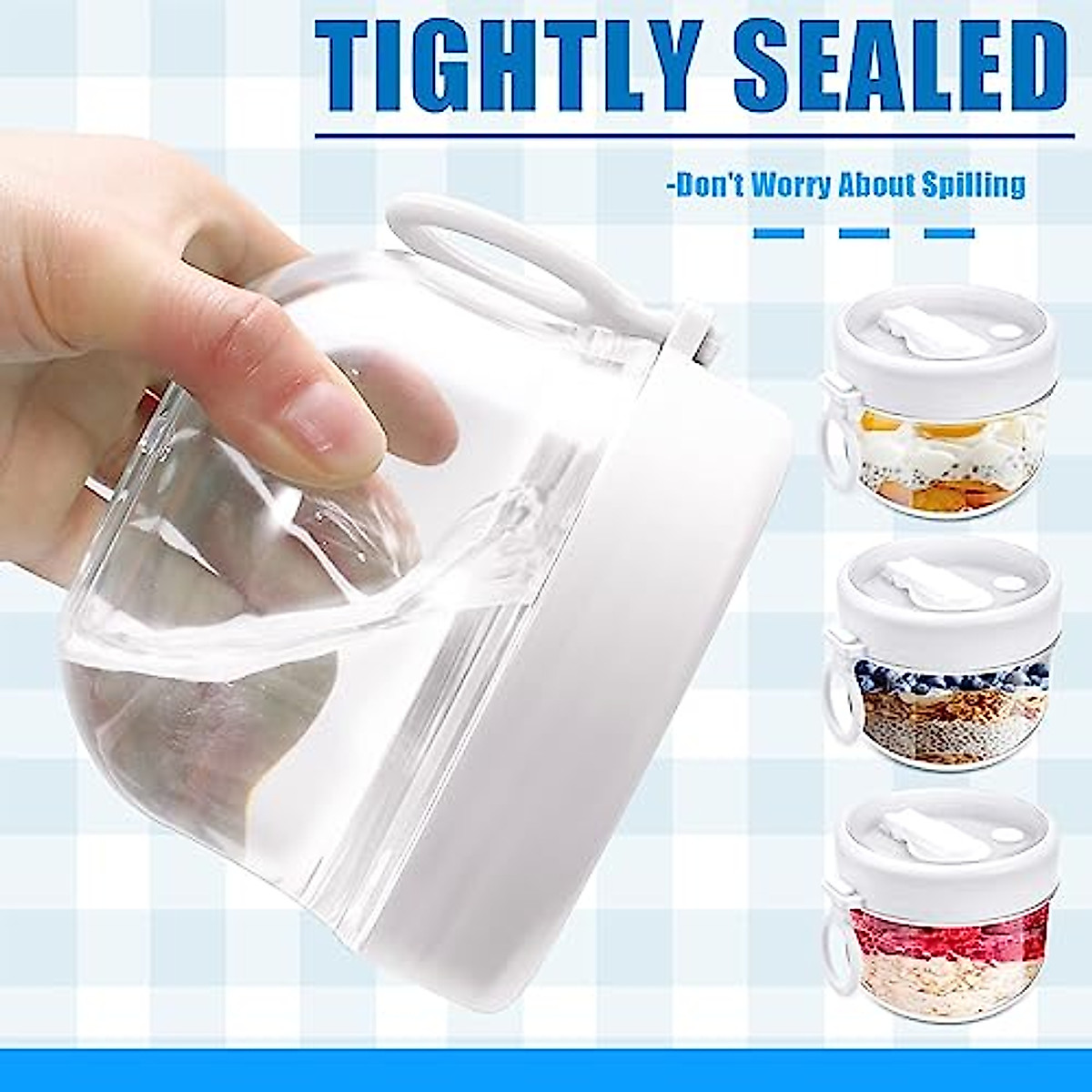 Overnight Oat Containers with Lids and Spoons 3PCS, 20oz Portable Plastic Yogurt Jars, Leakproof Dessert Cups for Yogurt Breakfast On The Go Cups, Oatmeal Jars Snack Containers (3white)