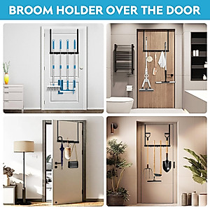 LOVZEN Broom Holder Over The Door, Mop and Broom Holder Wall Mount or Hanging Over The Door with Hooks, Broom Hanger, Broom Storage, Tool Organizer for Garage Closet Laundry 1PCS