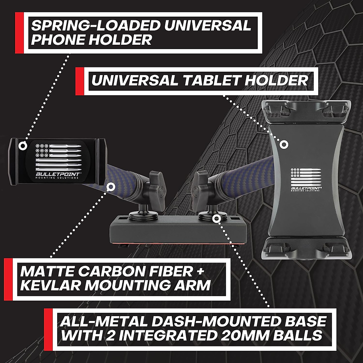 Bulletpoint Dash Mount Cell Phone + Tablet Holder Bundle RAM Truck Compatible (2019+ 1500, 2500, 3500 and TRX) with 20mm Ball Mounts - Compatible with iPhone and Android Smartphones & Tablets