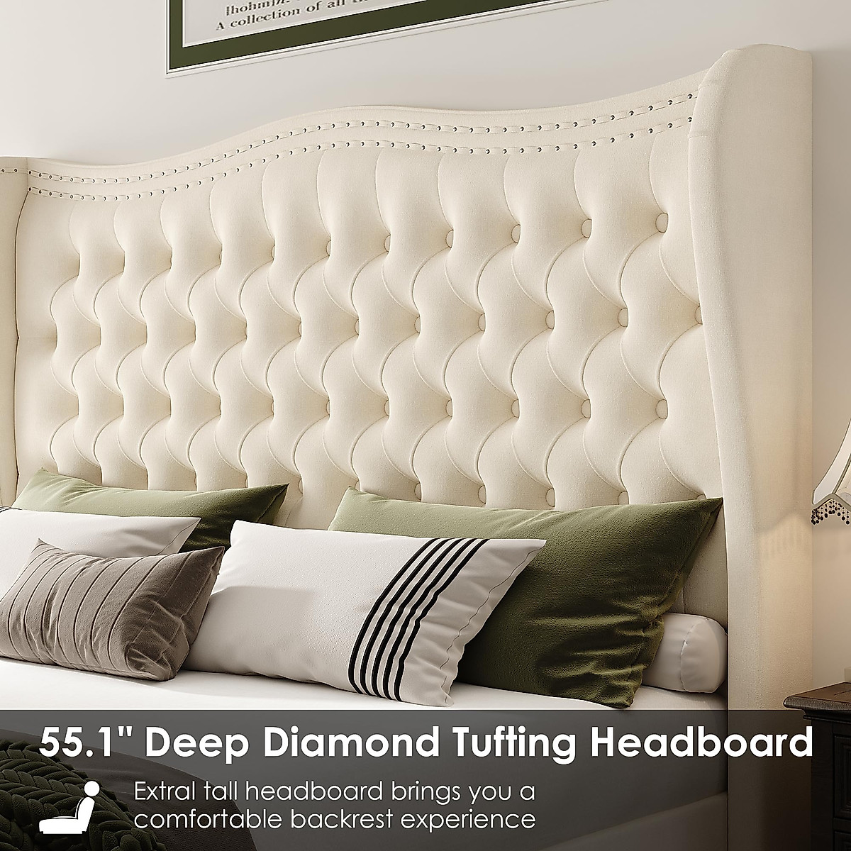 HOSTACK King Bed Frame, 55" Headboard Upholstered Bed with Tall Footbaord, Velvet Handmade Pleats Deep Button Tufted Wingback Platform Bed, No Box Spring Required/Wood Slat Support/Beige