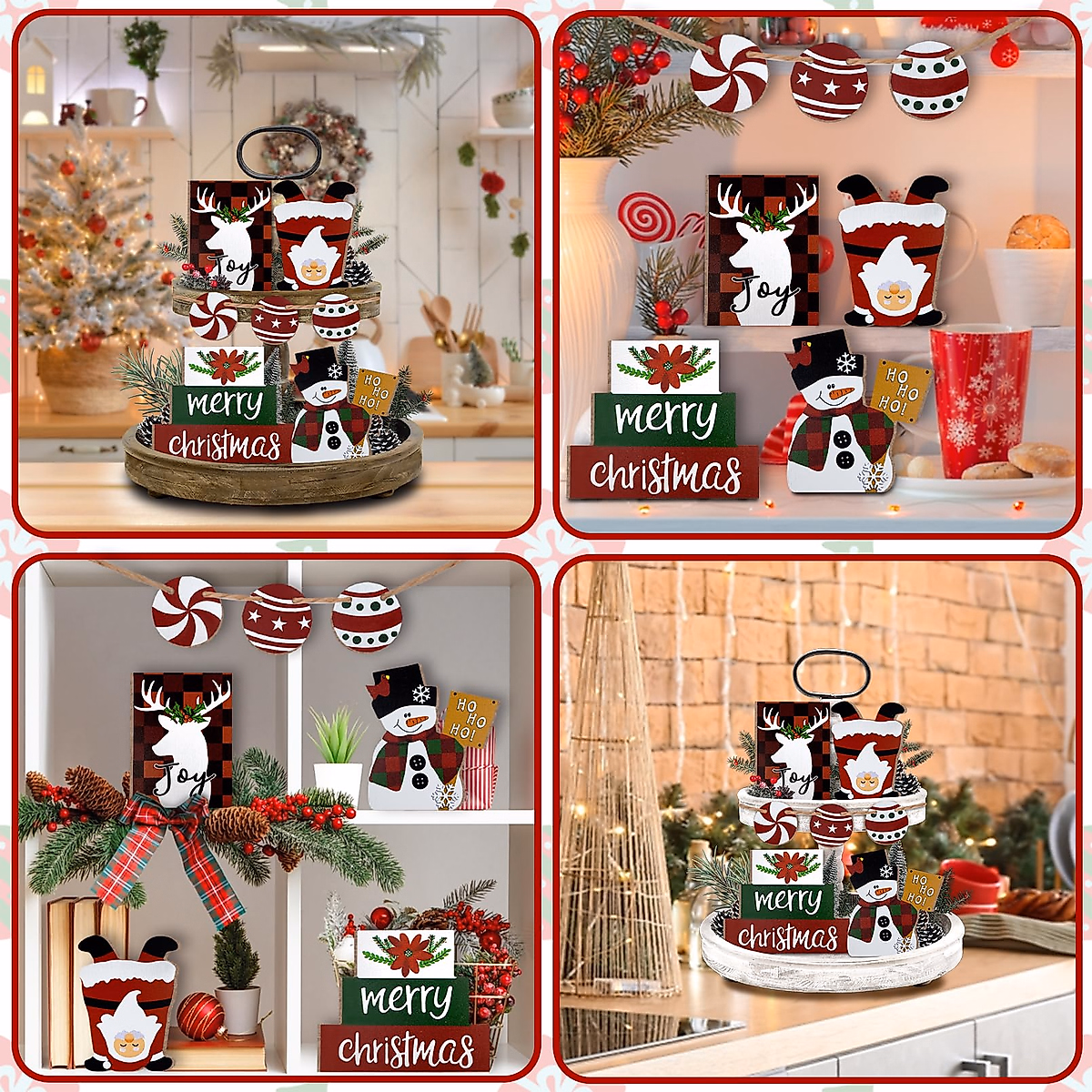 Guoofu Christmas Tiered Tray Decor, Farmhouse Xmas Santa Claus Snowman Tray Decorations Set, Red Buffalo Plaid Elk Candy Wooden Signs, Winter Holiday Home Decor for Tabletop Shelf Mantel