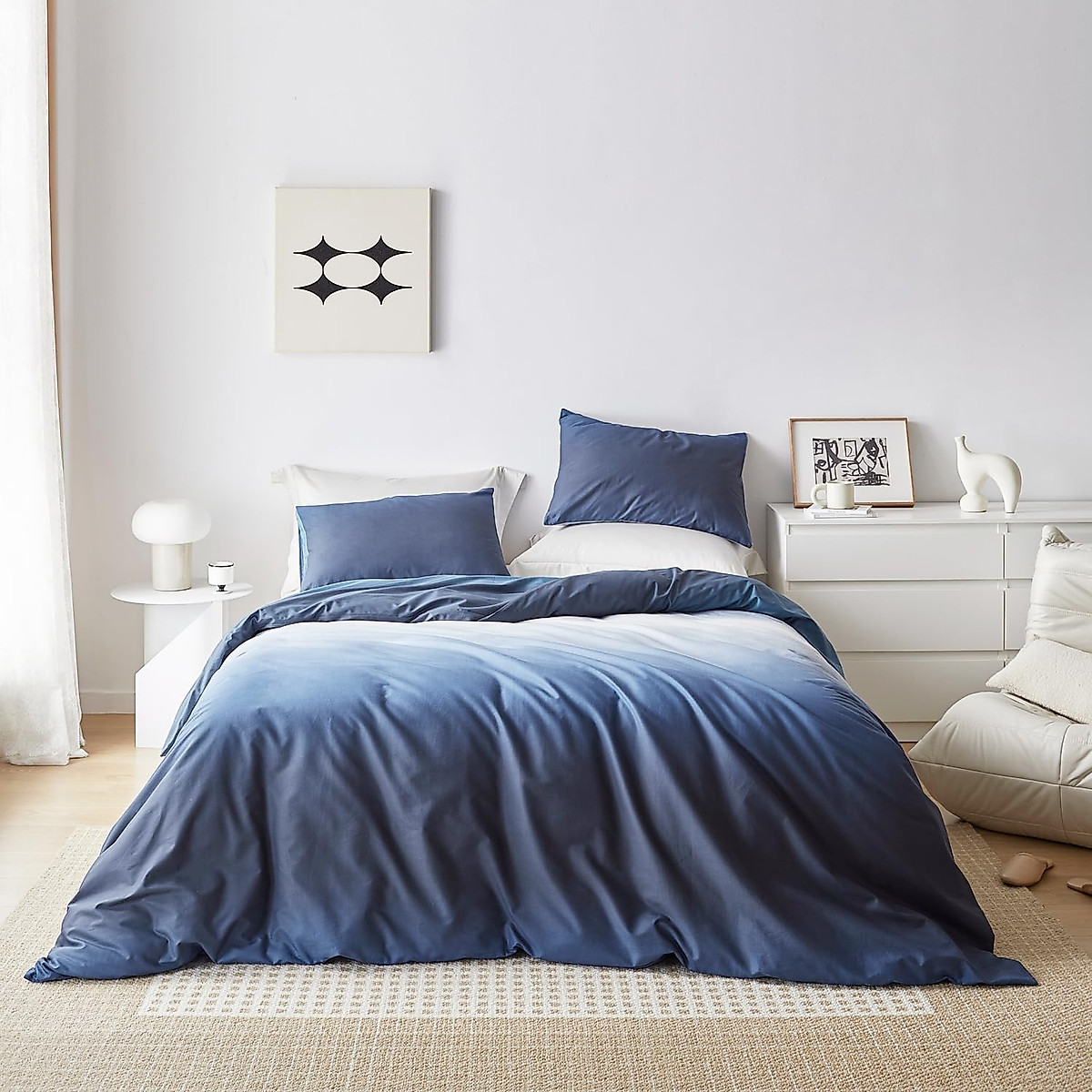 SUSYBAO Gradient Patterned Duvet Cover King 100% Cotton Sky Blue Duvet Cover 3 Pieces Set 1 Neutral Blue and White Duvet Cover with Zipper Ties 2 Pillowcases Luxury Navy Bedding Set Soft