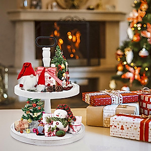 Rustic Tiered Serving Tray, Farmhouse Decorative Wooden Two Tiered Trays, Wooden 2 Tier Tray Stand for Table Kitchen Coffee Macaron Plate Cakes Dessert Fruit(Stand+Beeds)