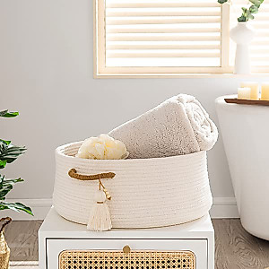 KAKAMAY Woven Baskets for Storage(16"x8"),Blanket Basket for Organizing Living Room,Cotton Rope Basket Woven Baby Laundry Hamper,Collapsible Laundry Room Organization,Clothes,Toy Chest(White)