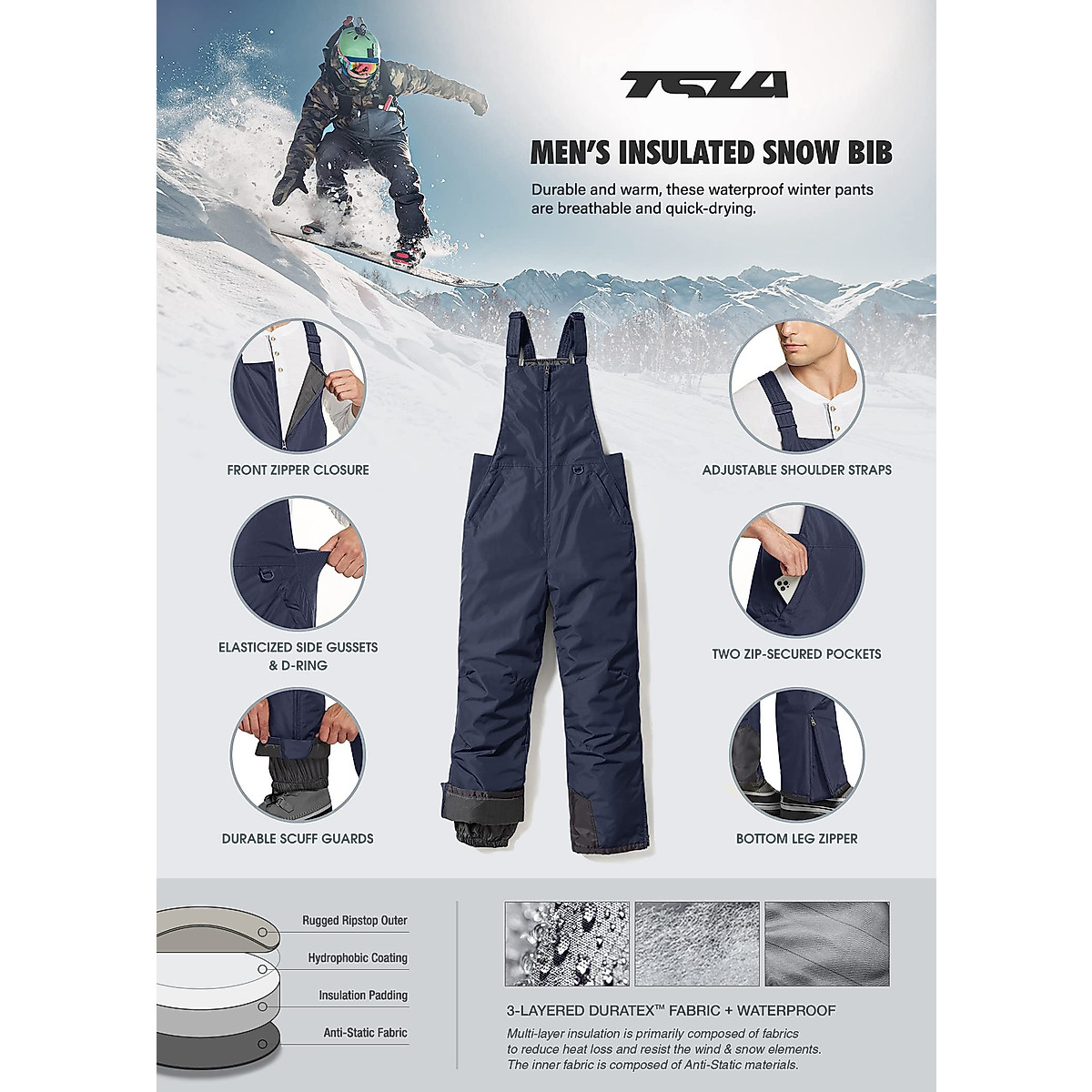 TSLA Men's Winter Snow Bibs, Waterproof Insulated Snowboard Overalls, Ripstop Windproof Ski Pants, Winter Ski Snow Overall Charcoal Blue, Large