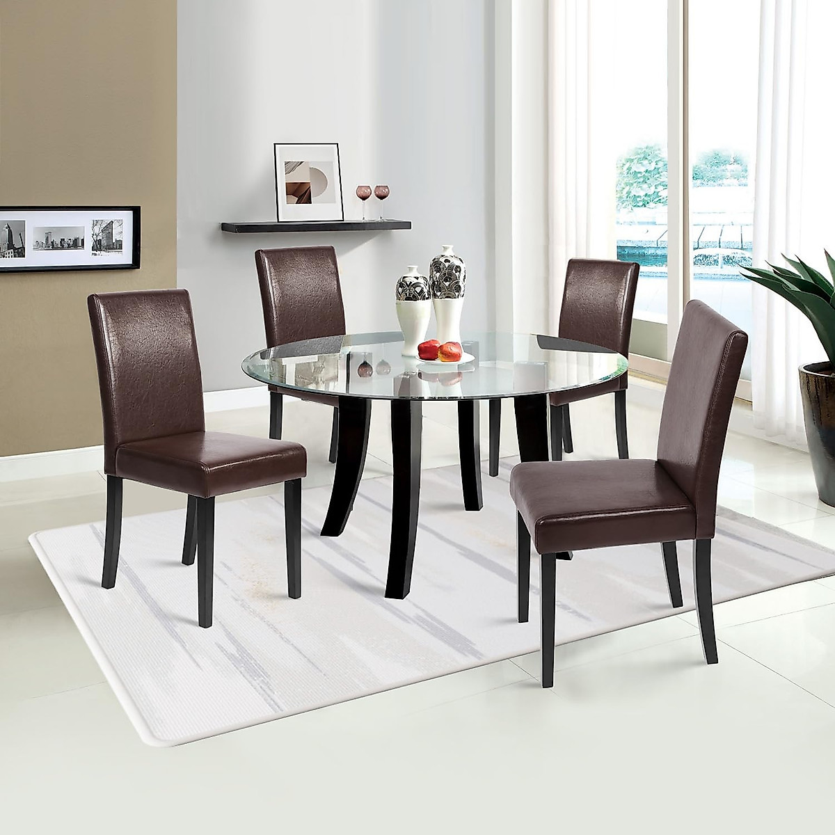 FDW Dining Chairs Set of 4, Dining Room Chairs Kitchen Chairs,Side PU Cushion Chairs with Waterproof Surface and Wood Legs,for Kitchen Restaurant and Living Room,Leather Brown