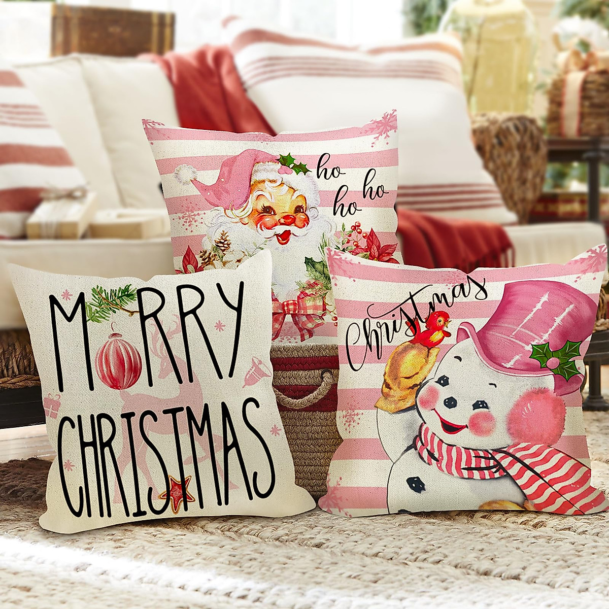 Christmas Pillow Covers 18x18 Set of 4 Pink Christmas Decorations Throw Pillow Case Stripes Santa Snowman Snowflake Winter Holiday Home Decor Cushion for Sofa Couch