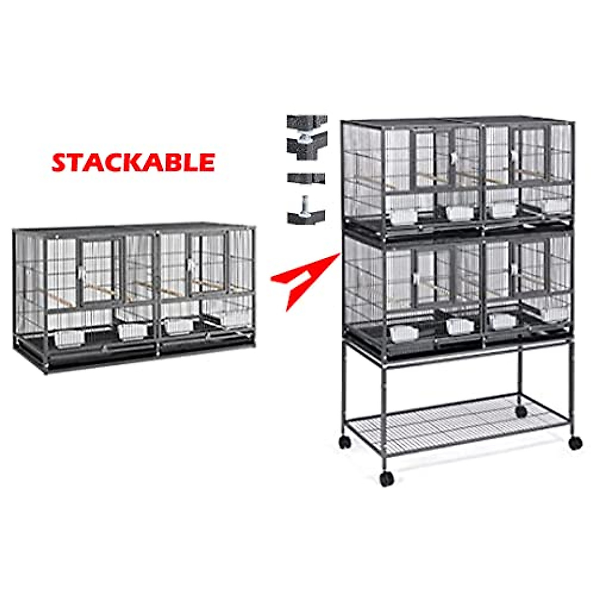 1/2/3-Combo Stacker Center Divided Breeder Breeding Bird Flight Double Rolling Cage for Aviaries Canaries Cockatiels Lovebirds Finches Budgies Small Parrots (Black Vein, Two Stacker)