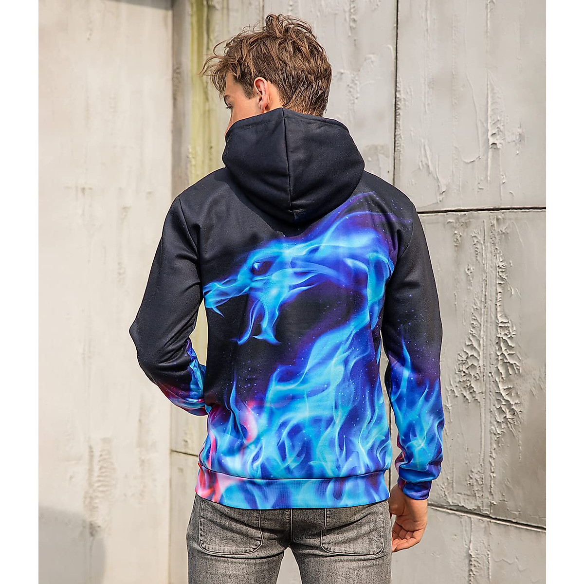 Men Long Sleeve Hoodie Women Novelty Hooded 3D All Over Print Blue Red Smoke Dragon Unique Design for Adults Youth Boys Couples Trendy Warm Fleece Pullover with Drawstring 80 Sports Clothing Large