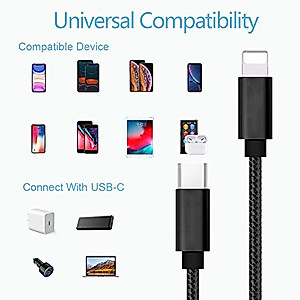 USB-C to Phone 11 Charger Cable [2 Pack 2 Feet] Power Delivery Fast Charging Nylon Braided Charger Compatible for Phone 12/11 Pro Max XR Xs Max X 8 Plus 8 (2 Pack Black, 2 Feet)