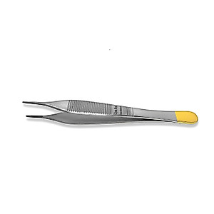 Cynamed T/C Adson Plastic Surgery Forceps 4.75" Straight Fine Point with Tungsten Carbide Inserts Surgical Veterinary Instruments with Gold Handle (Serrated Tips, Adson Dressing Forceps, TC)