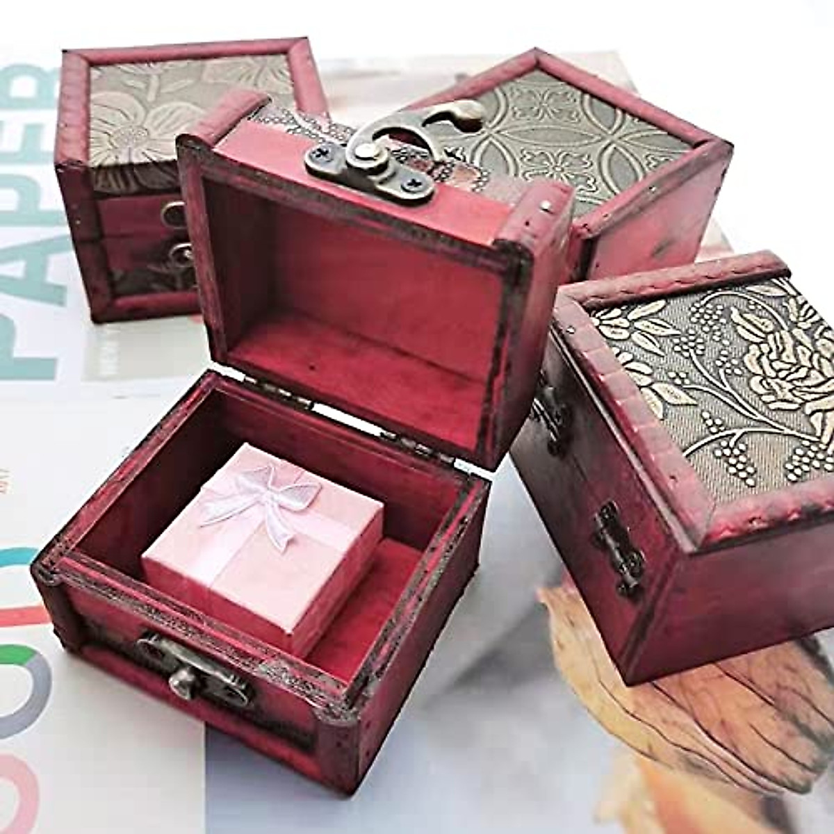 Markeny Jewelry Box Vintage Handmade Box with Mini Metal Lock, 4 Styles Pattern Wooden Rings Case Box, Square