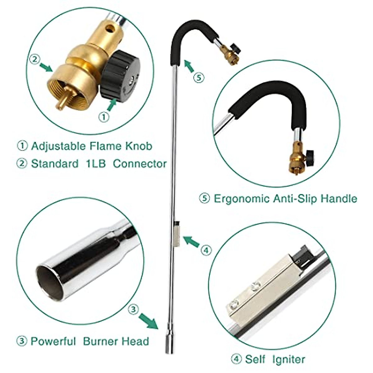 KOMAN Weed torch with Propane Refill Adapter,35" long arm, Fuel by 1LB Propane Cylinder/5-40LB Propane Tank,self ignition,for Roofing,Weeding,Campfire Starting(Output 24000BTU, Propane not included)