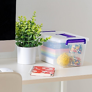 IRIS USA Plastic Storage Bins with Lids 5.4 Qt. Craft Organizers and Storage with Handle, Art Supply Storage Organizer, Arts and Crafts Organizer, Stackable and Secure Latch, Clear/Violet - 6 Pack