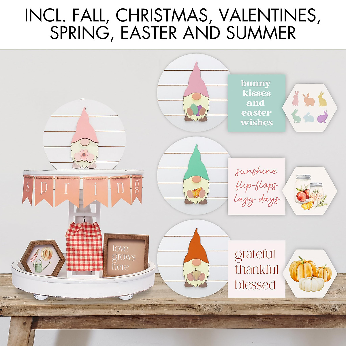 Beautiful Tiered Tray Decor Set for Spring - Interchangeable All Season Decorations Bundle Incl. Easter, Summer & More - Modern Farmhouse Centerpiece for Home & Kitchen Decor