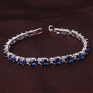 GULICX White Gold Electroplated Cubic Zirconia Blue Crystal Roman Tennis Bracelet Sapphire Color Link Chain