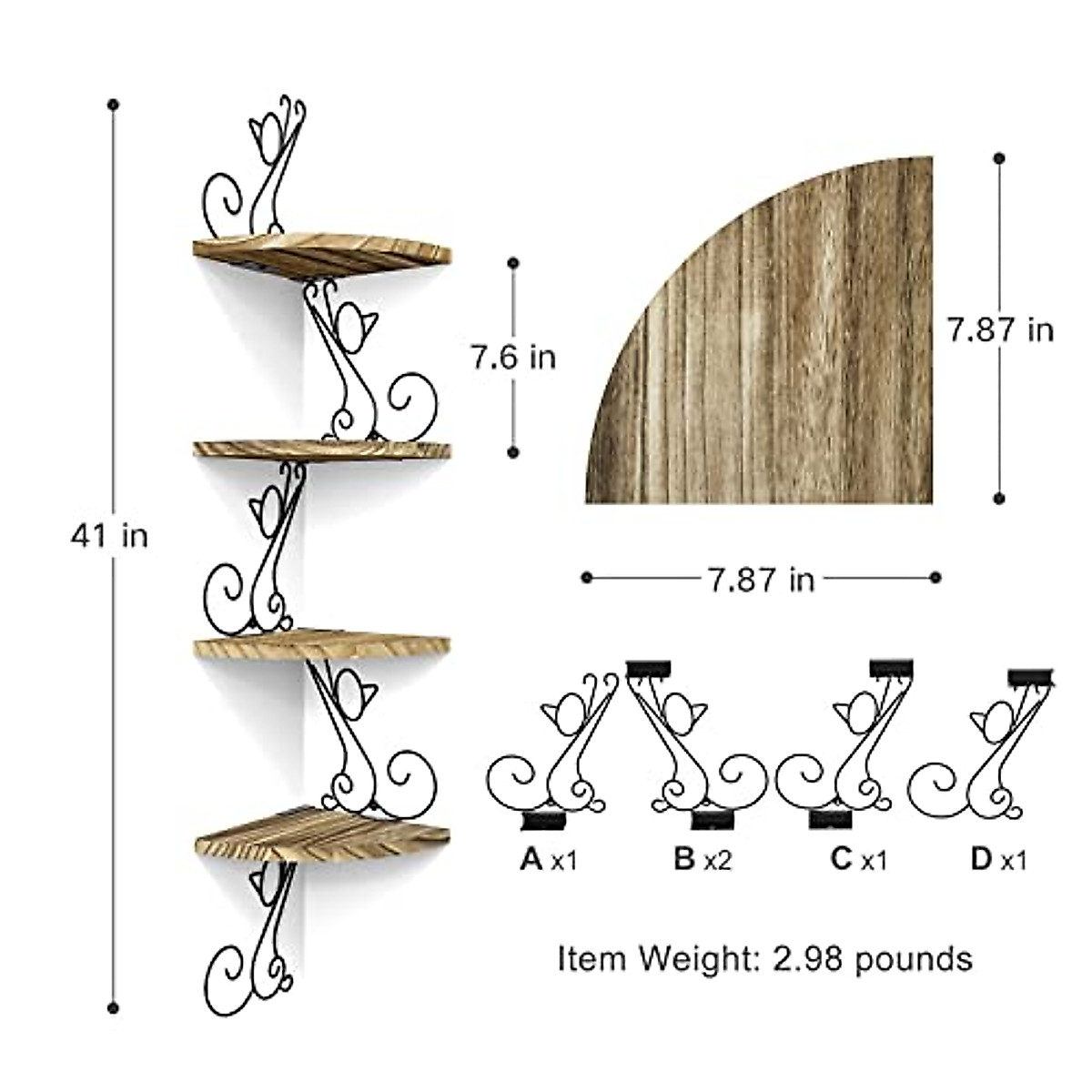 Alsonerbay Wall Mount Corner Shelves 4 Tier Floating Corner Storage Wood Shelves Decorative Rustic Radial Shelf in Cat Shape Carbonized Black