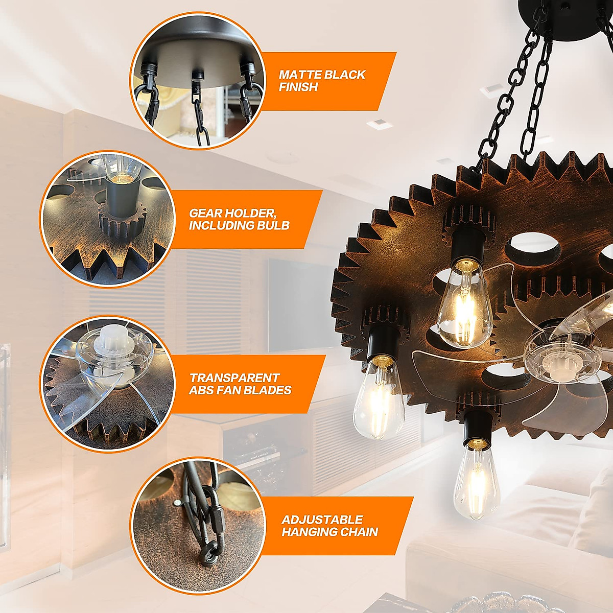 23.6in Ceiling Fan With Light,Farmhouse Ceiling Fan With Light and Remote Control, 6 Speeds Retro Ceiling Fans With Lights for Slanted Ceilings and Living Room, Vintage Copper (6 E26 Bulb Include)