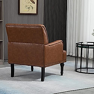 MOJAY Mid-Century PU Leather Accent Chair, Living Room Lounge Sofa Chair with Black Painted Rubber Wood Feet, Single Club Armchair with Rivet Trim for Bedroom Home Reception (Brown)