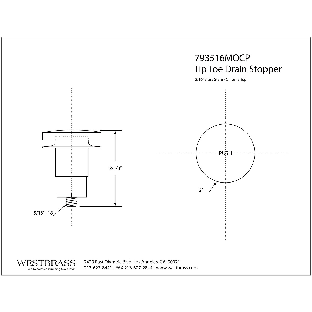 Westbrass 793516MOCP Replacement Tip-Toe Bathtub Drain Stopper with 5/16" Stem, 1-Pack, Polished Chrome
