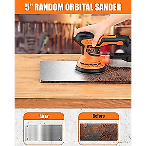Random Orbital Sander, DWT 2.8A 350W Power Orbital Sander with 7 Variable Speed, 14Pcs Sanding Discs(2Pcs Upgrade Dust-free Sandpaper), Cyclone Box, 5-Inch Corded Electric Sander for Sanding Wood/Rust