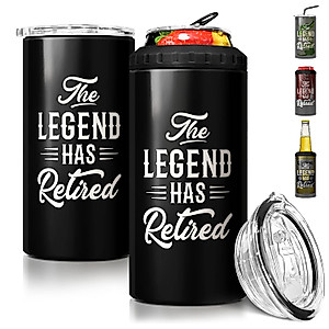 SANDJEST The Legend Has Retired 4-in-1 Design Tumbler Cup Can Cooler - 12oz Stainless Steel Insulated Cans Coozie Travel Mug Christmas, Birthday, Happy Retirement Gifts for Coworkers, Colleagues, Men