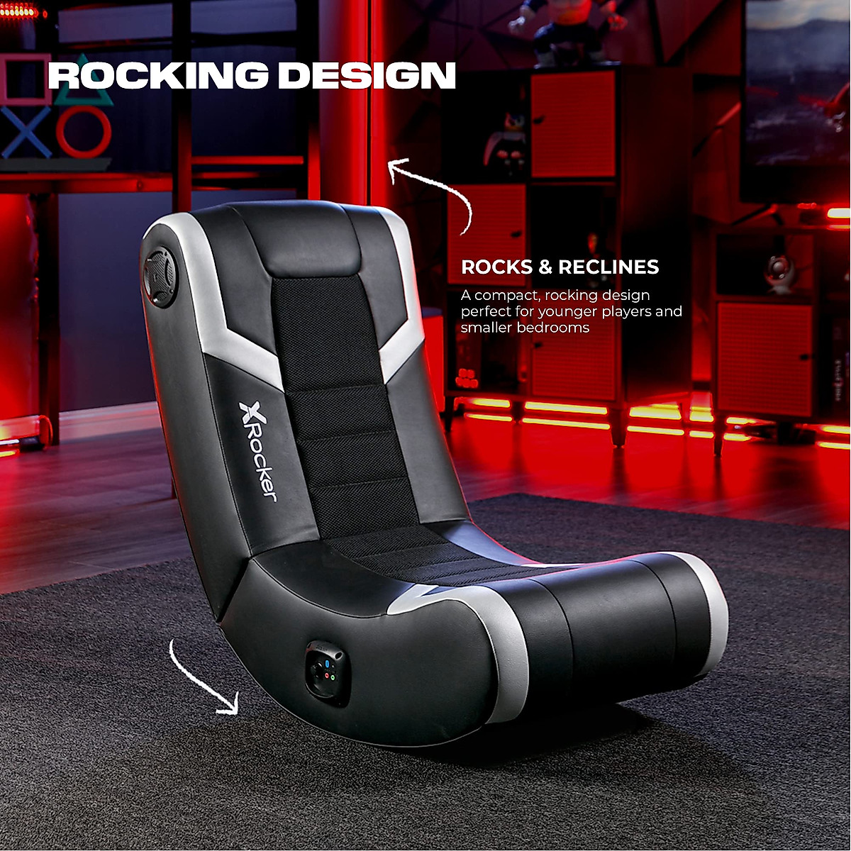 X Rocker Eclipse Video Gaming Floor Chair, Headrest Mounted Speakers, 2.0 Bluetooth, Wireless, 5110301, 31" x 27.5" x 16.5", Black and Silver
