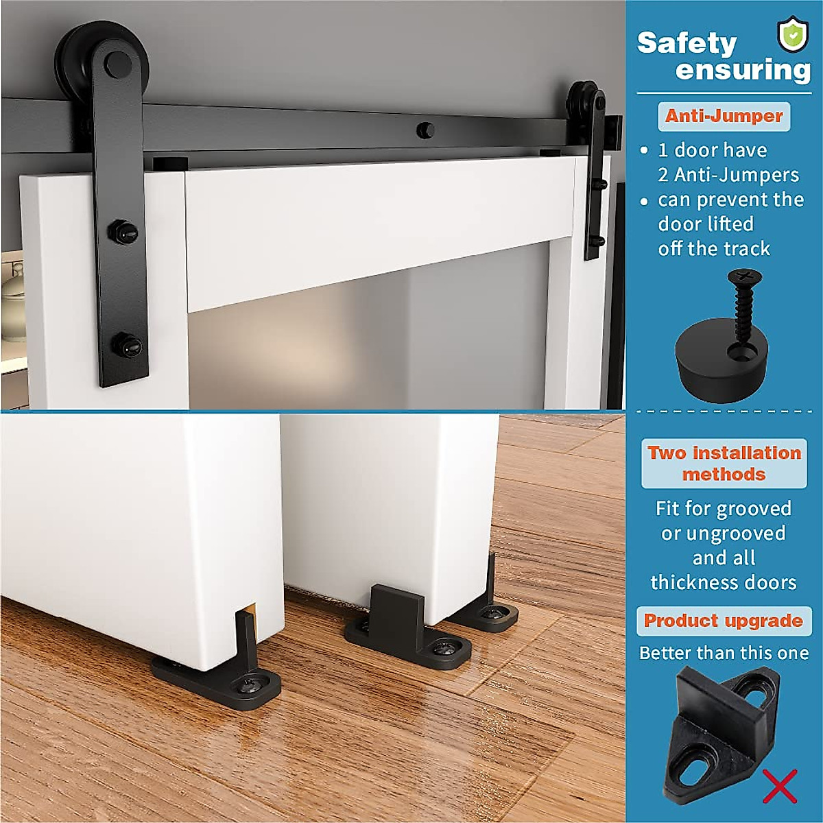 ZEKOO Sliding Barn Door Hanger, Door Roller, Barn Door Stopper, Barn Door Floor Guide, Anti-Jumper, Accessories Hardware for Third Door, Fourth Door(Straight-Style)