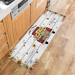 Farm Fresh Sunflower on Red Truck Anti Fatigue Kitchen Rug Set 2 Pieces Cushioned Kitchen Floor Mats Comfort Soft Standing Doormat, Non Slip Rugs and Runner USA Flag