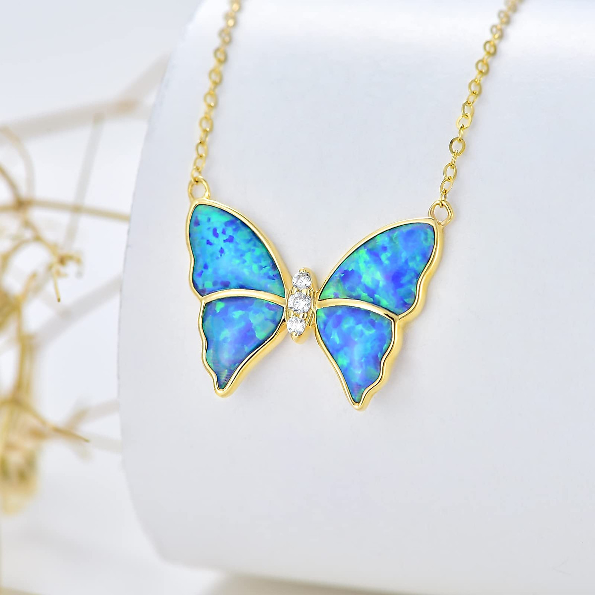 MUUYON 14K Gold Opal Necklace for Women Solid Yellow Gold Blue Opal Butterfly Pendant Necklace with Cubic Zirconia for Ladies Mom Sisters, 16+1+1 Inch