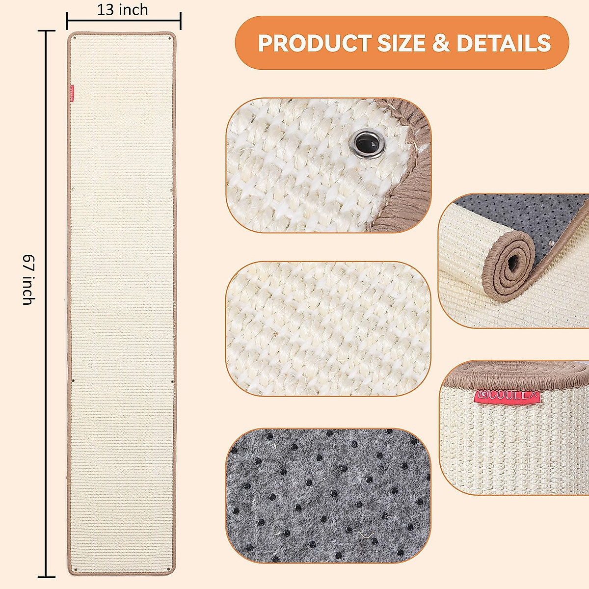 66.93x13.38x0.32 inch Thickened Cat Wall Scratcher Carpet, Cat Climbing Wall, Durable Cat Wall Furniture, Tall Cat Scratching Post, Wall Scratchers for Indoor Cats, Couch Sofa Protector (Beige)