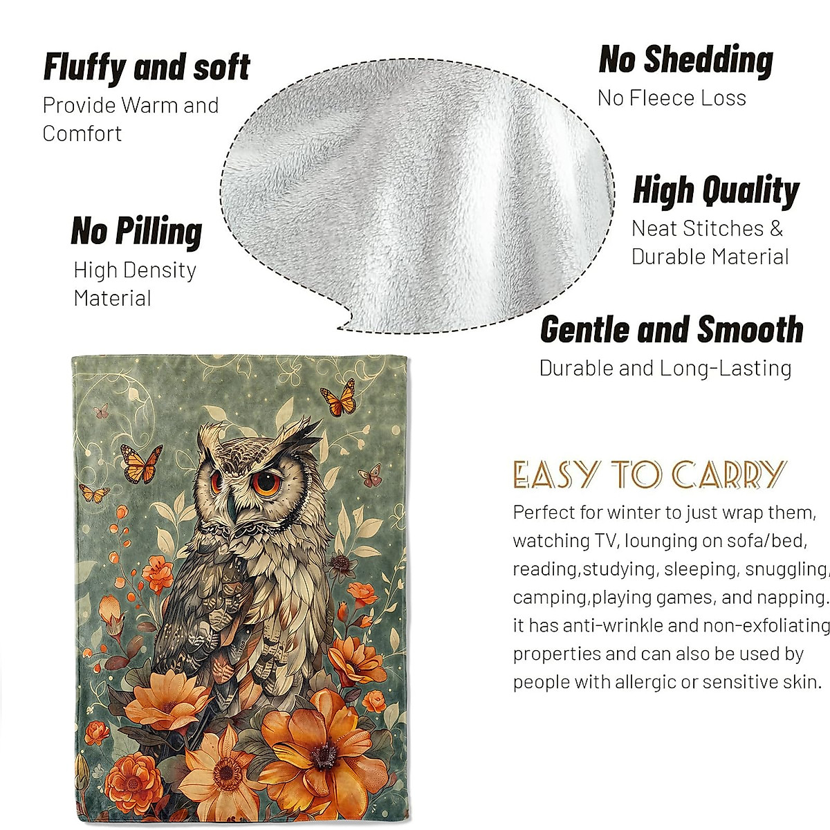 Orange Floral and Owl Throw Blanket Bedding Gifts, for Girls Boys Kids, 50x60 in, Woodland Wisdom Animal Themed Flannel Blankets for Bed, Travel, Camping, Sofa, Room Decor, Cozy Warm Plush Soft