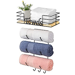 Towel Racks for Bathroom, Towel Holder Wall Mounted for Small Bathroom Wall, Roll Towel Rack with 3 Towel Hooks and Wooden Shelf, Drilling and No-Drill Installation Options Available, Black