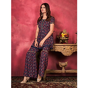 Indian Kurti for Womens With Pant | Foil Print Kurta Partywear Kurtis For Women Tunic Set Blue