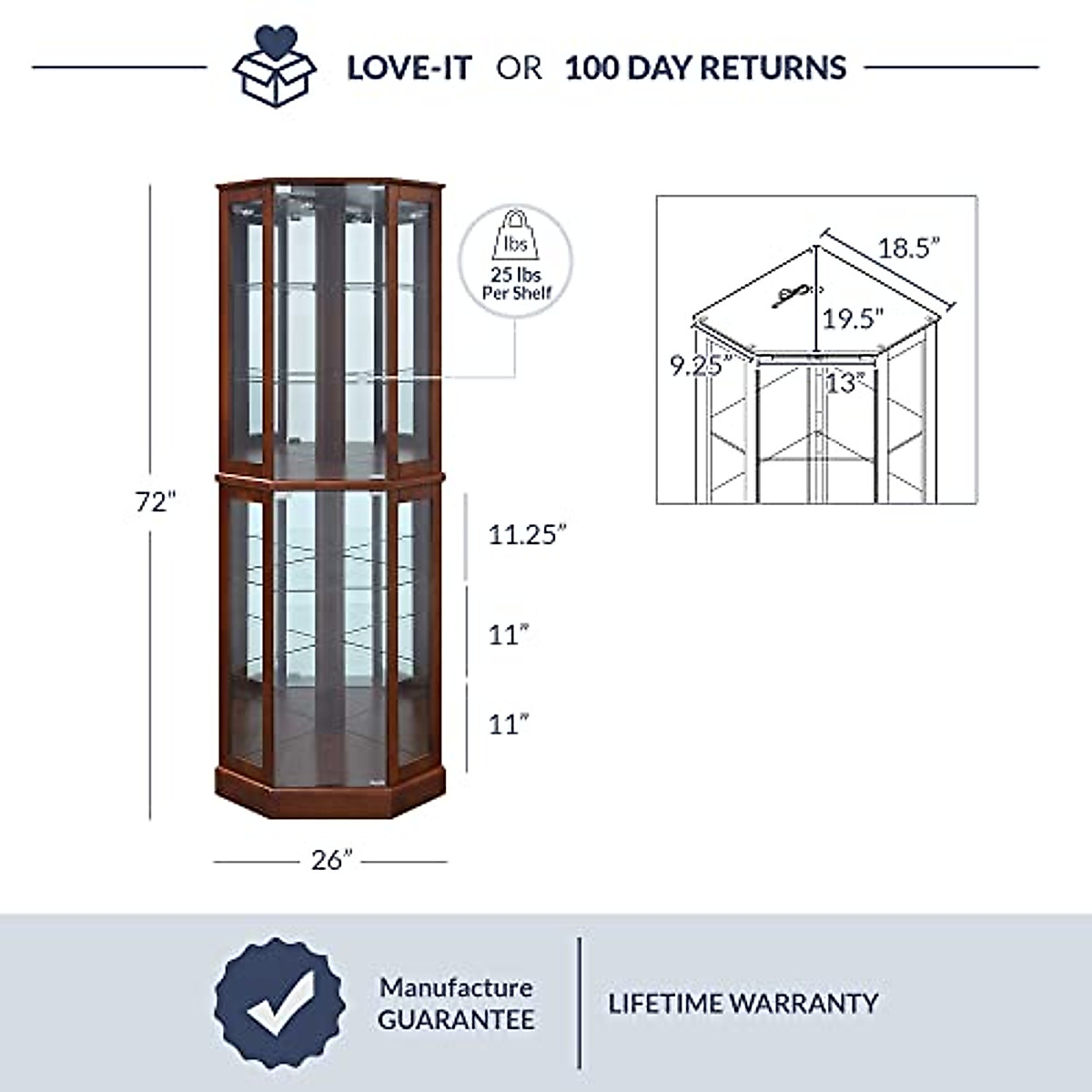 BELLEZE Lighted Corner Display Curio Cabinet Wooden Curved Shelving Unit with Tempered Glass Door, Bar and Liquor Storage Area with 6 Shelves - Ashfield (Walnut)