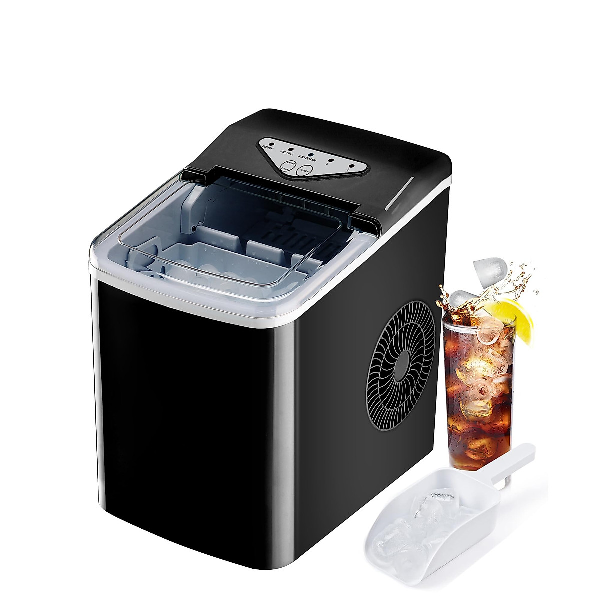 rosmena Countertop Ice Maker, 30lbs/24H Small Ice Machine with Self-Cleaning, Portabe Bullet Ice Maker, 9 Cubes in 6 Mins, 2 Size Option, with Ice Basket/Scoop for Home/Kitchen/Bar/RV (Black)