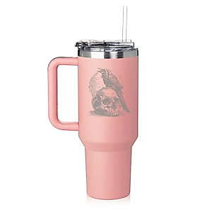 Daylor 40 oz Tumbler with Handle and Straw Lid Stainless Steel Insulated Travel Mug Cup Crow Raven Skull Moon Horror (Pink)