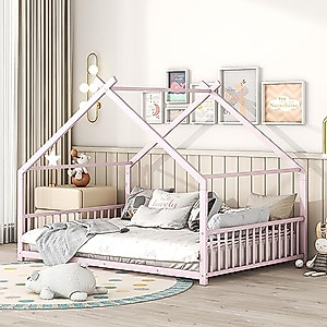 WADRI Metal House Bed with Roof, Full Size Floor Bed Frame with Sturdy Slat Support, Platform Bed for Kids Teens Girls Boys Bedroom, Can be Decorated (Pink-Full-1)