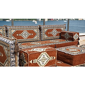 Brown Floor Cushions, Modern Arabic Majlis Set, Floor Sofa Set, Ethnic Sofa, Arabic Jalsa, Moroccan Sofa, Sectional Sofa with Ottoman, Sleeper Sofa (L Sofa + Rug + Poufs)