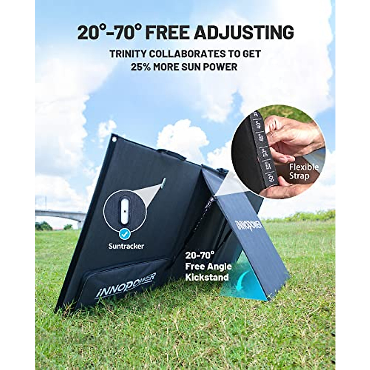 Innopower S100 2 in 1 Solar Panel Table, 100W Portable for Power Station with 20-70°Adjustable Kickstand, 15KG Bearing Foldable Splicable Table Camping RVs or Backyard Use